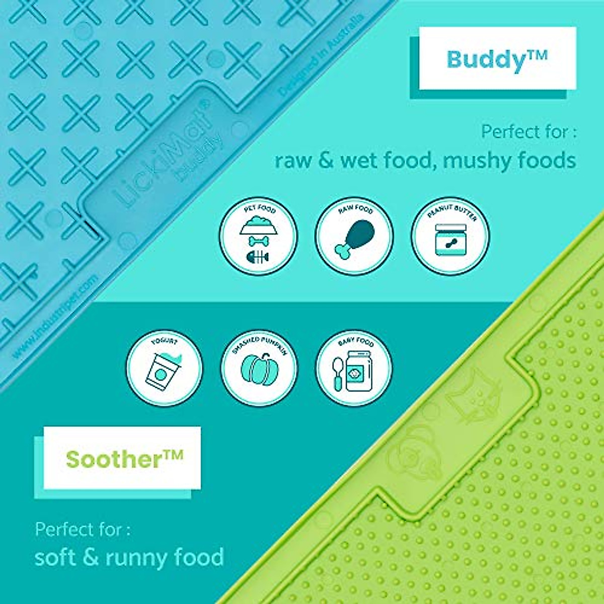 Lickimat Classic Dog Slow Feeders, Lick Mat, Boredom Anxiety Reduction; Perfect for Food, Treats, Yogurt, Peanut Butter. Fun Alternative to Slow Feed Dog Bowl! (Green & Turquoise, Soother & Buddy)