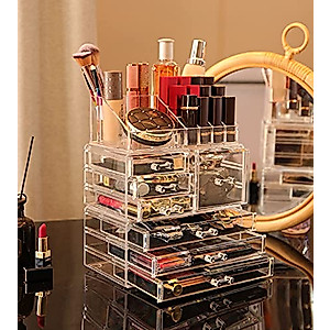 Cq acrylic Clear Makeup Storage Organizer Drawers Skin Care Large Cosmetic Display Cases Stackable Storage Box With 7 Drawers For Dresser,Set of 3