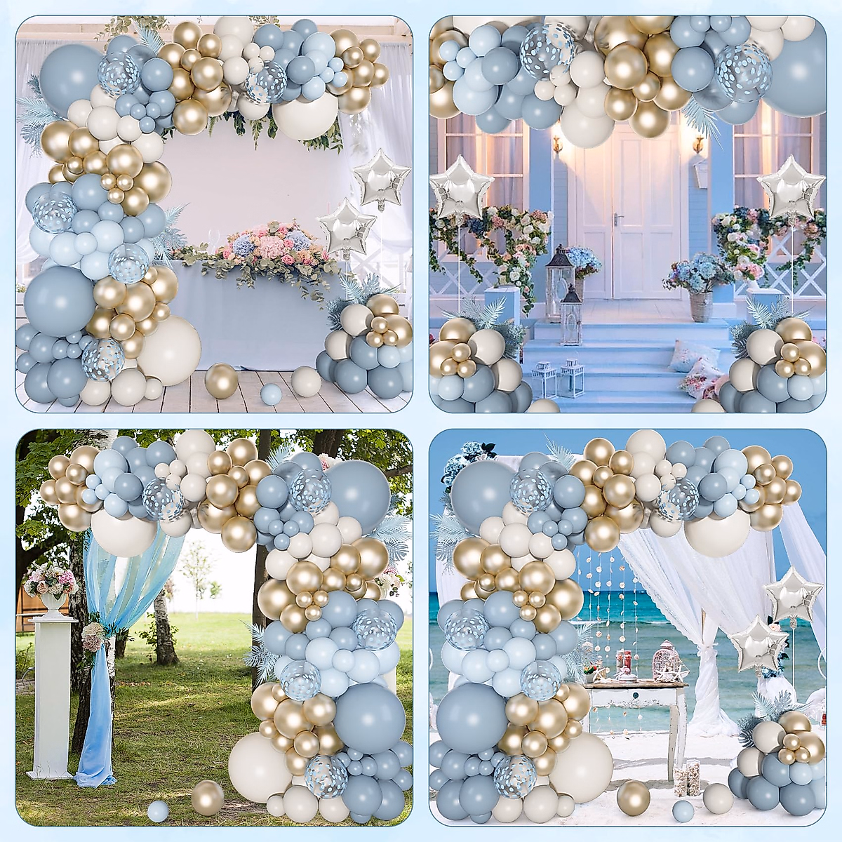 Ouddy Life Dusty Blue Balloons Arch Kit, Different Sizes 18 12 10 5Inch Fog Blue Sand White Champagne Gold Latex Confetti Star Foil Balloon for Boys Baby Bridal Shower Birthday Boho Party Decorations