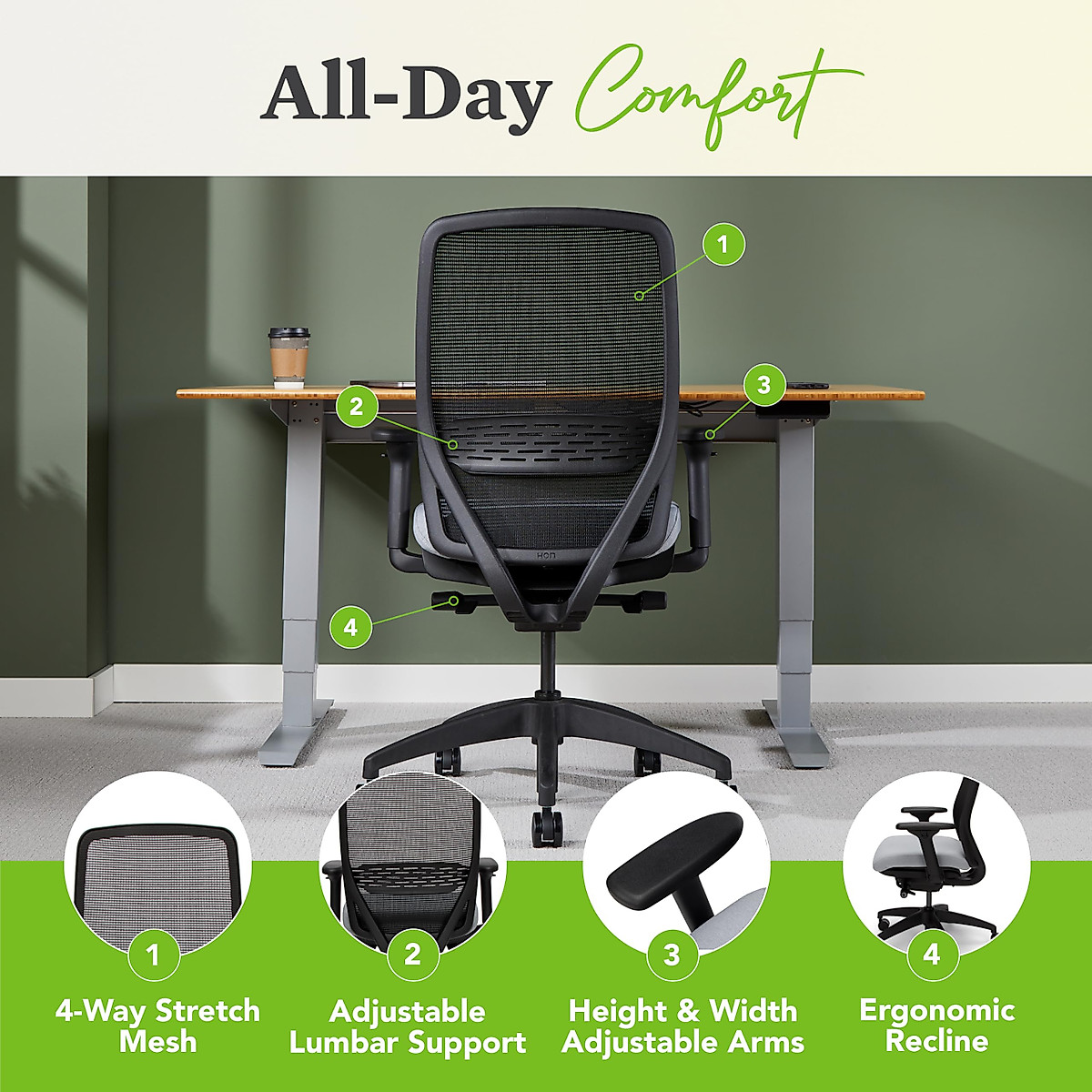 HON Nucleus Black Office Chair Ergonomic Suspended Seat Mesh Back Computer Desk Chair for Home Office, Task Work - Synchro-Tilt Recline, Swivel Wheels, Adjustable Lumbar Support & Armrests