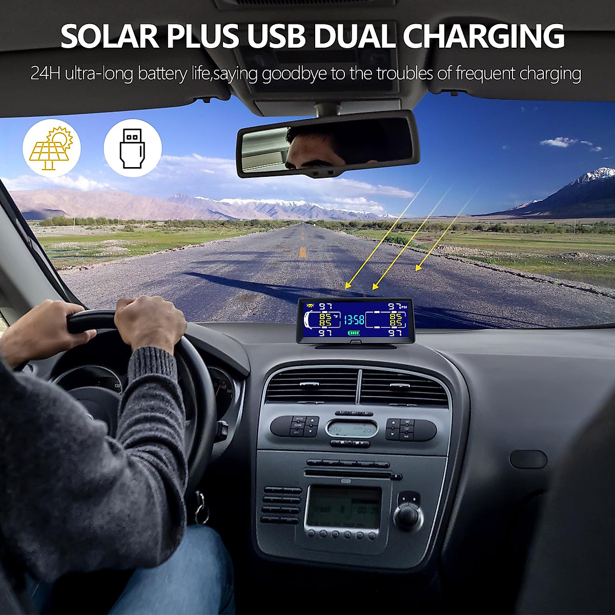 Hieha Tire Pressure Monitoring System, 7.84” Wireless Solar Rv TPMS with 4 Sensors for Travel Trailer Truck Fifth Wheel Motorhome, Real-time Monitoring Pressure and Temperature(0~198 PSI)