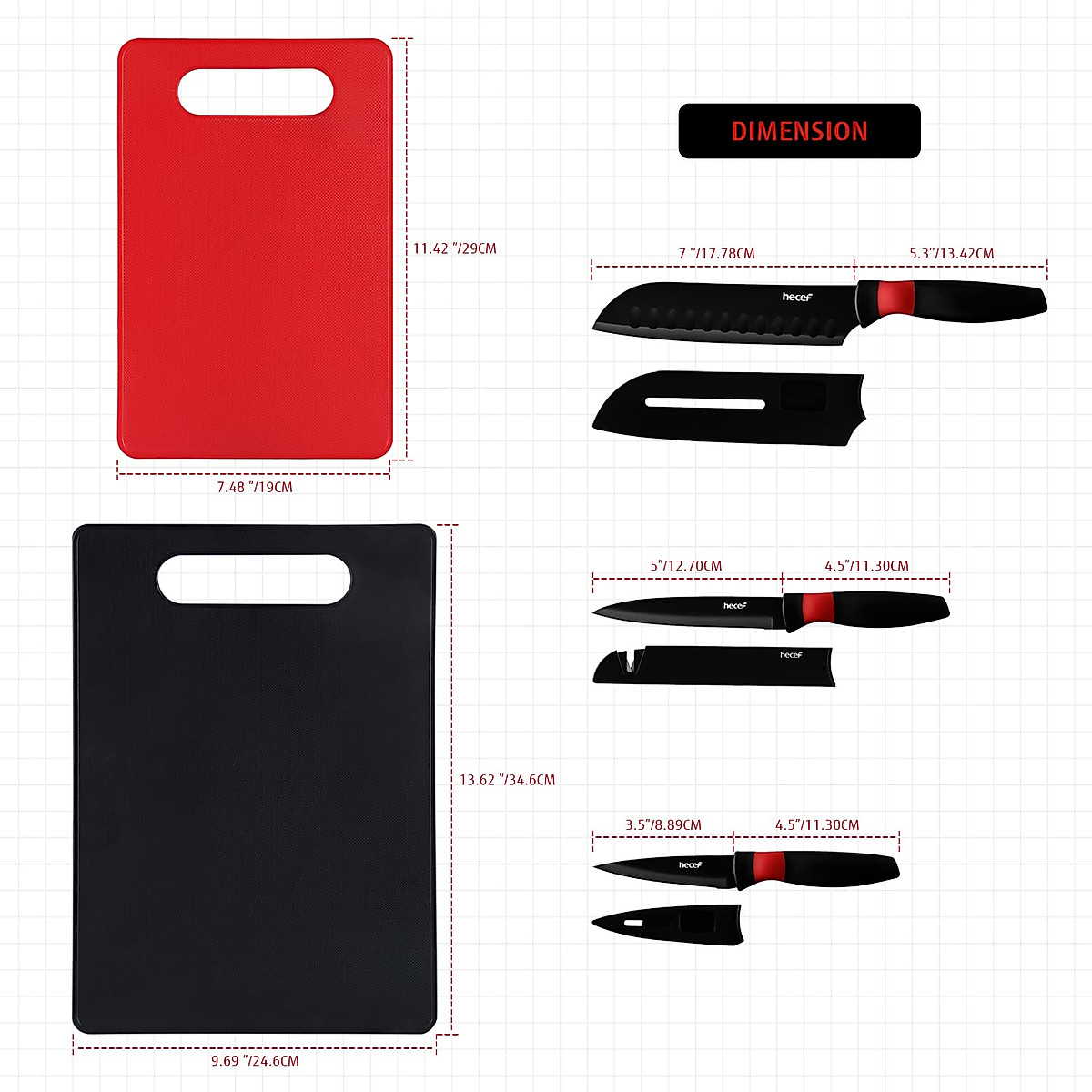 hecef 8-Piece Unique Kitchen knife Set, Knife and Cutting Board Set- 3 Black Stainless Steel Knives with Sheaths and 2 Chopping Mats, Ultra Sharp Knives for Home, Camping, RV, Travel, Picnic and BBQ