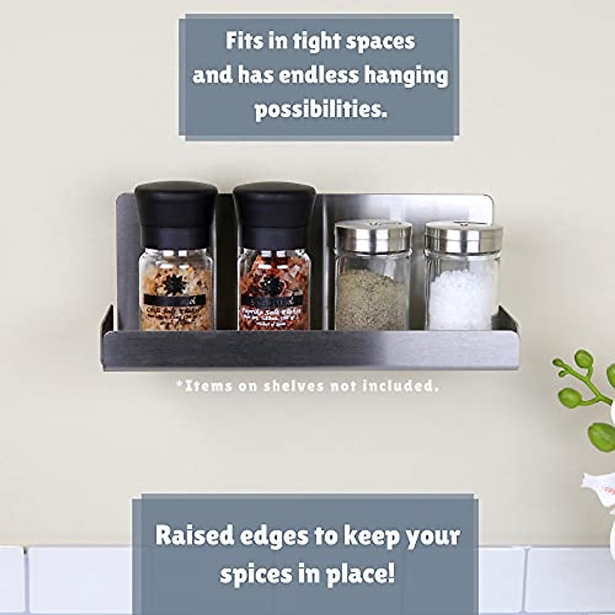 Deco Gables Designs 3 Modern Brushed Stainless Steel Spice Racks Floating Wall Shelf Hanging Durable Polished Solid Metal for Home Kitchen Dining Room with Mounting Hardware 10 Inches Wide Set of 3