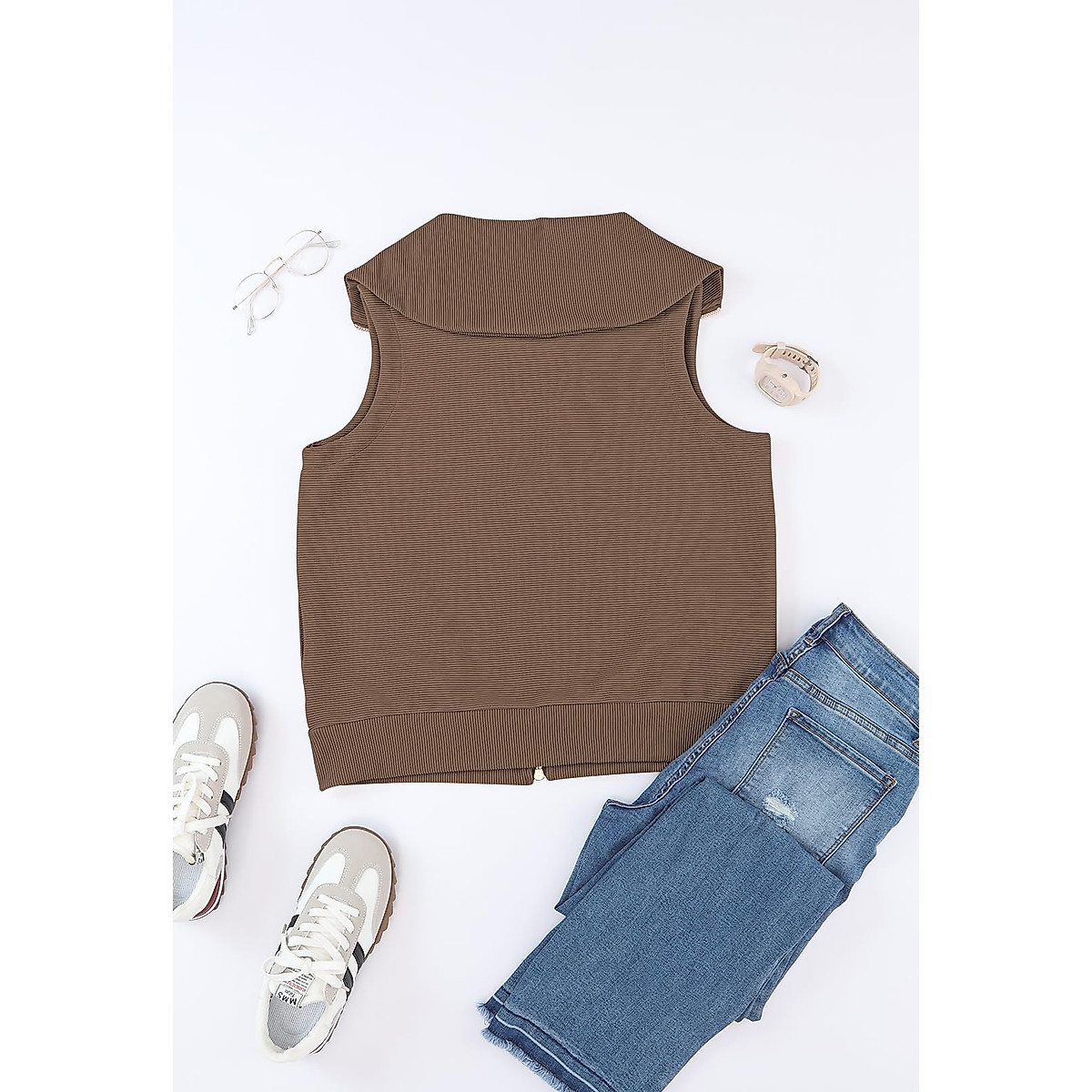 Viottiset Women's Ribbed Full Zip Lapel Collar Sleeveless Sweatshirt Sweater Vest Fall Casual Top Brown M