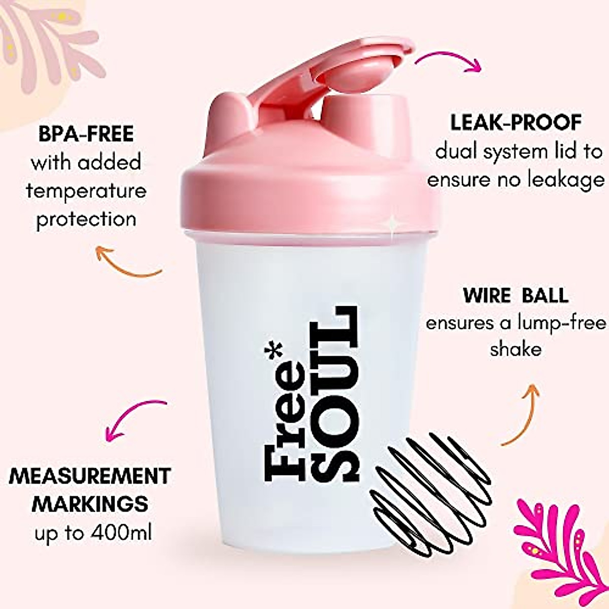 Free Soul Protein Shaker Bottle Pink with Mixball | Mini | BPA Free | Water Bottle for Protein Shakes | Easy to Grip & Temperature Safe (16oz)