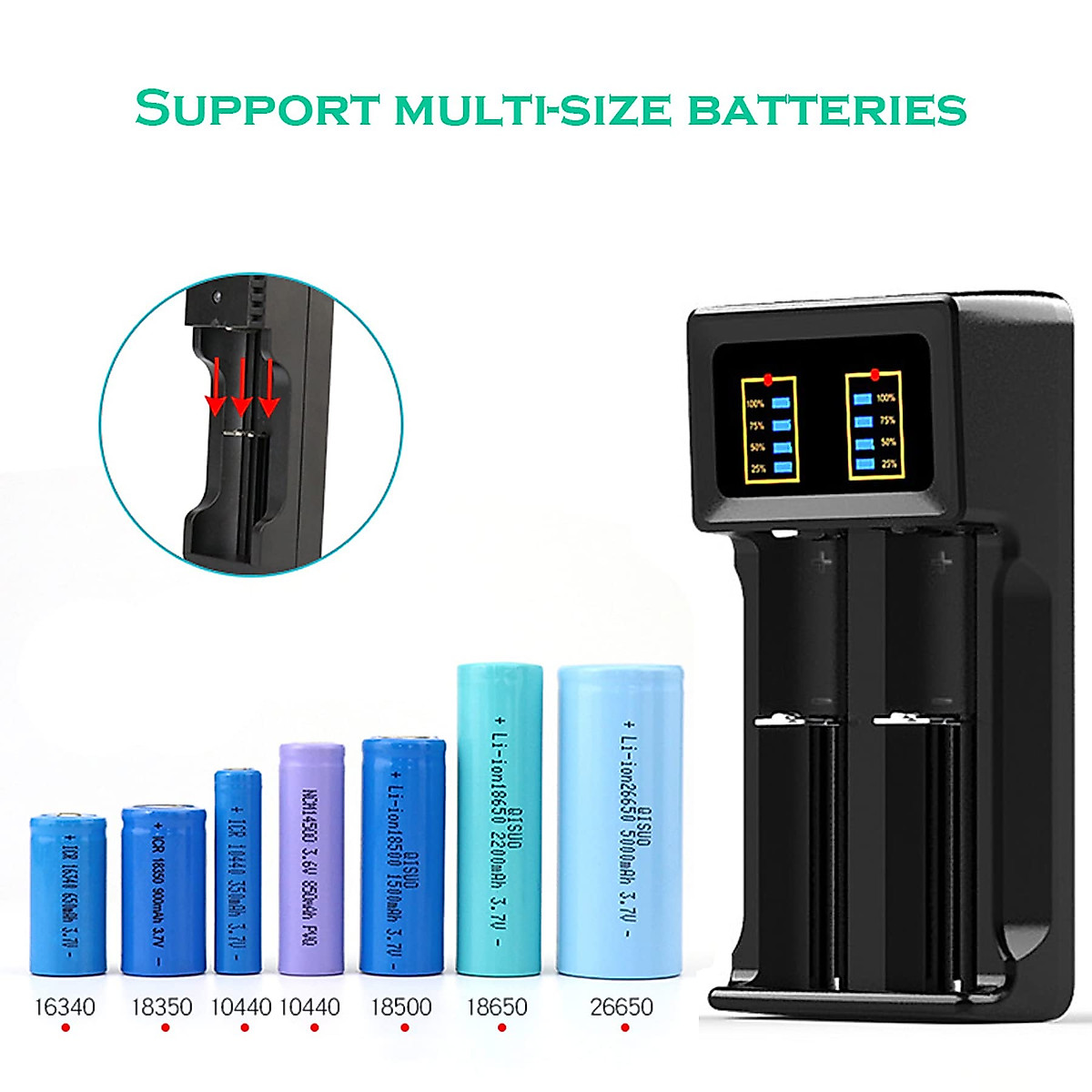 18650 Battery Charger 2-Bay 5V 2A for Rechargeable Batteries 1.2V AA AAA 3.7V Li-ion 26650 18650 16340(RCR123) Capacity Display (Not Battery)