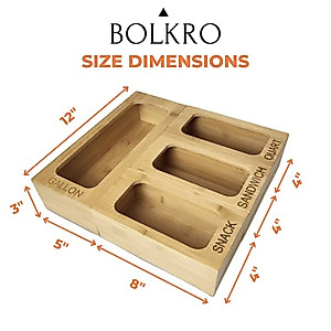 BOLKRO Ziplock Bag Organizer - MOSO Bamboo Plastic Zip Lock Bags Holder for Kitchen Drawer & Storage - For Gallon, Quart, Sandwich and Snack Size Baggie - Compatible with Ziploc, Solimo, Glad, Hefty