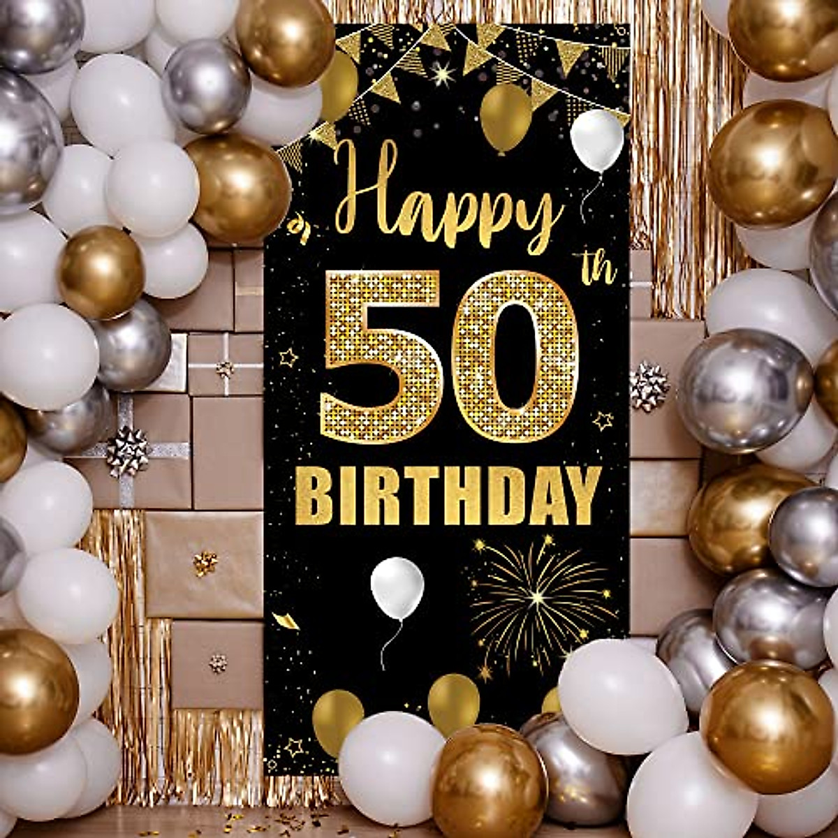50th Birthday Door Banner Backdrop, Black Gold Happy 50th Birthday Decorations Women Men, 50 Years Birthday Photo Booth Props, Fifty Birthday Party Sign Decor for Outdoor Indoor Sturdy, Vicycaty
