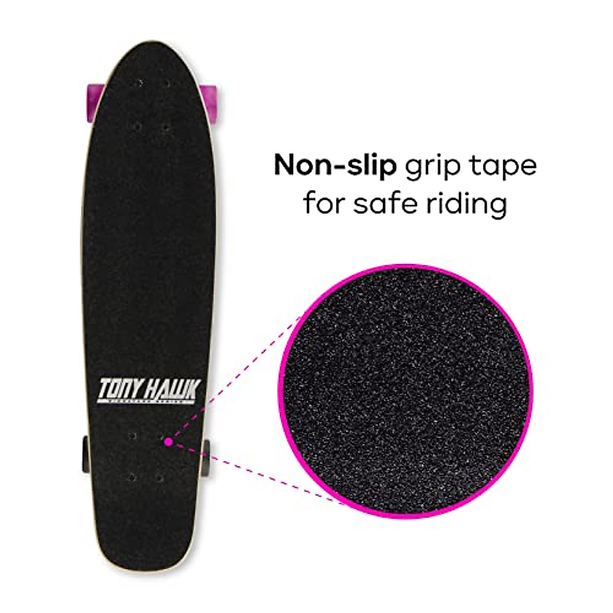 Tony Hawk 31" Complete Cruiser Skateboard, 9-ply Maple Deck Skateboard for Cruising, Carving, Tricks and Downhill, Pink Hawk
