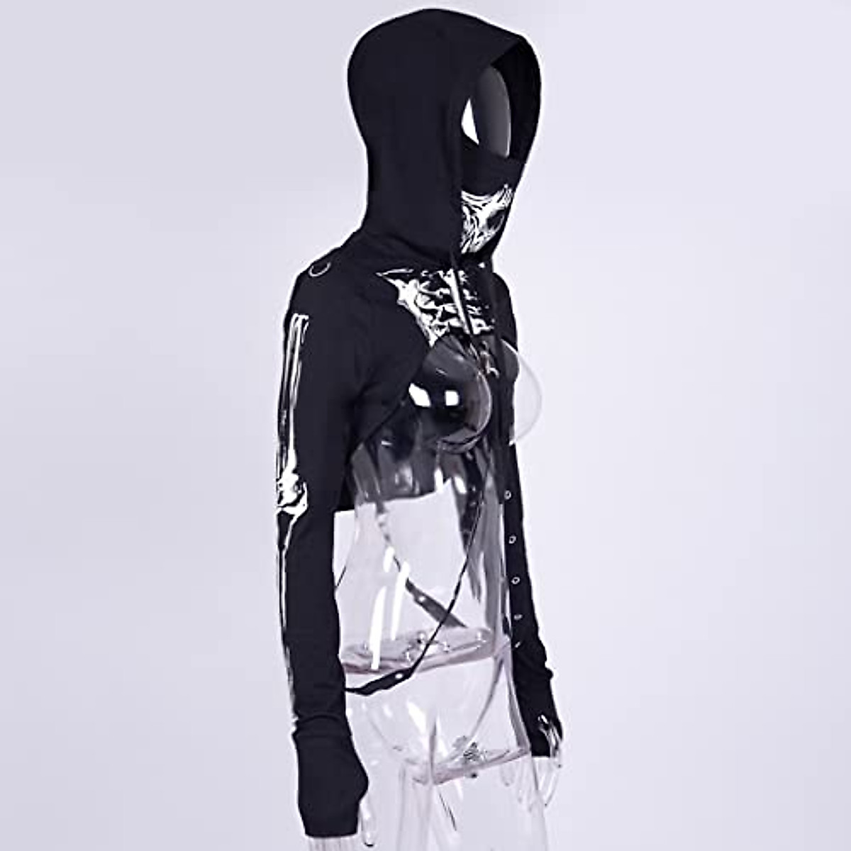 Womens Gothic Punk Long Sleeve Hooded Crop Tops Halloween Rave Skeleton Mask Hoodie Sweatshirt