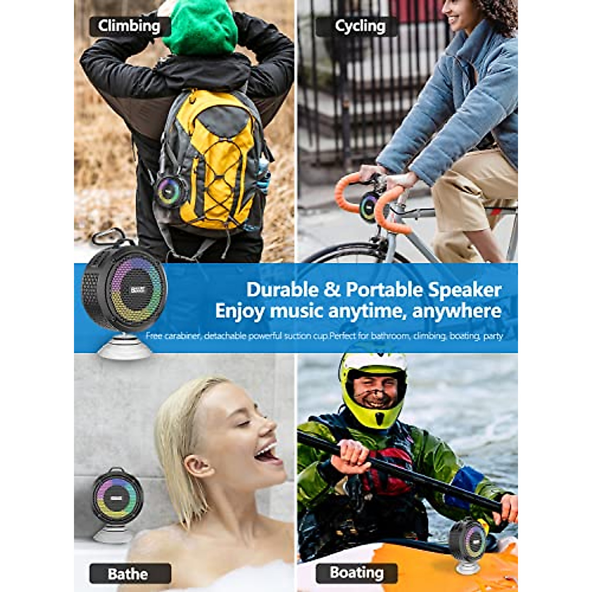PEYOU IPX7 Waterproof Speaker, Bluetooth Shower Speaker 5.0 Waterproof with Suction Cup, Playtime RGB Lights, 360° Surround Sound Rich Bass for Outdoors, Mini Speaker for Beach/Hiking/Travel/Pool