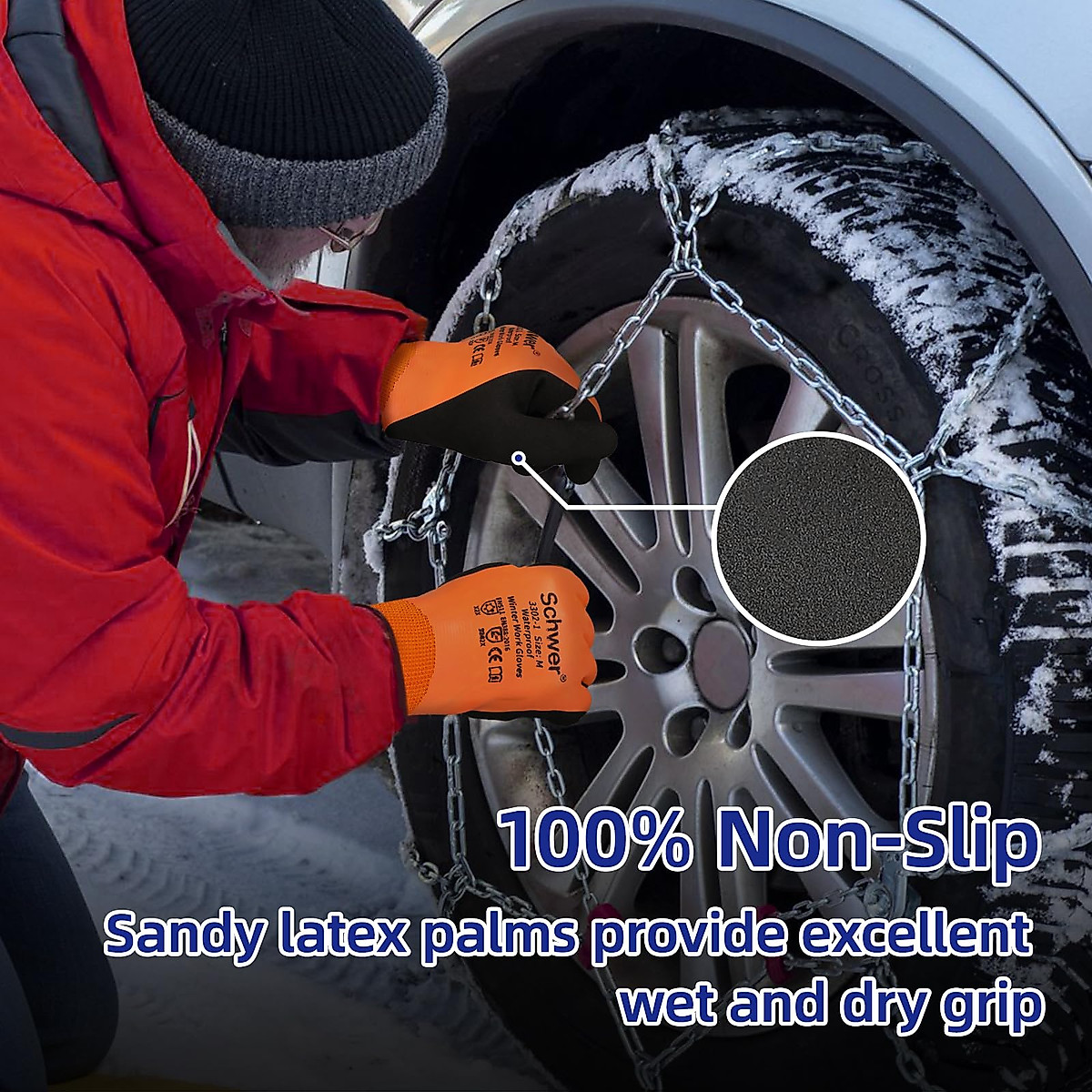 Schwer 2 Pairs FreezeGuard Waterproof Work Gloves PM3302, ANSI A2 Cut Resistant Freezer Gloves for Outdoor Cold Weather Keep Hands Warm, Waterproof Gloves for Shoveling Snow, Ice Fishing, M