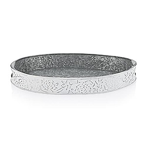 Galvanized White Washed Farmhouse Serving Tray for Ottoman, Coffee Table, Centerpiece Decor – Distressed Round Iron Metal Tray with Handles & Vintage Floral Pattern