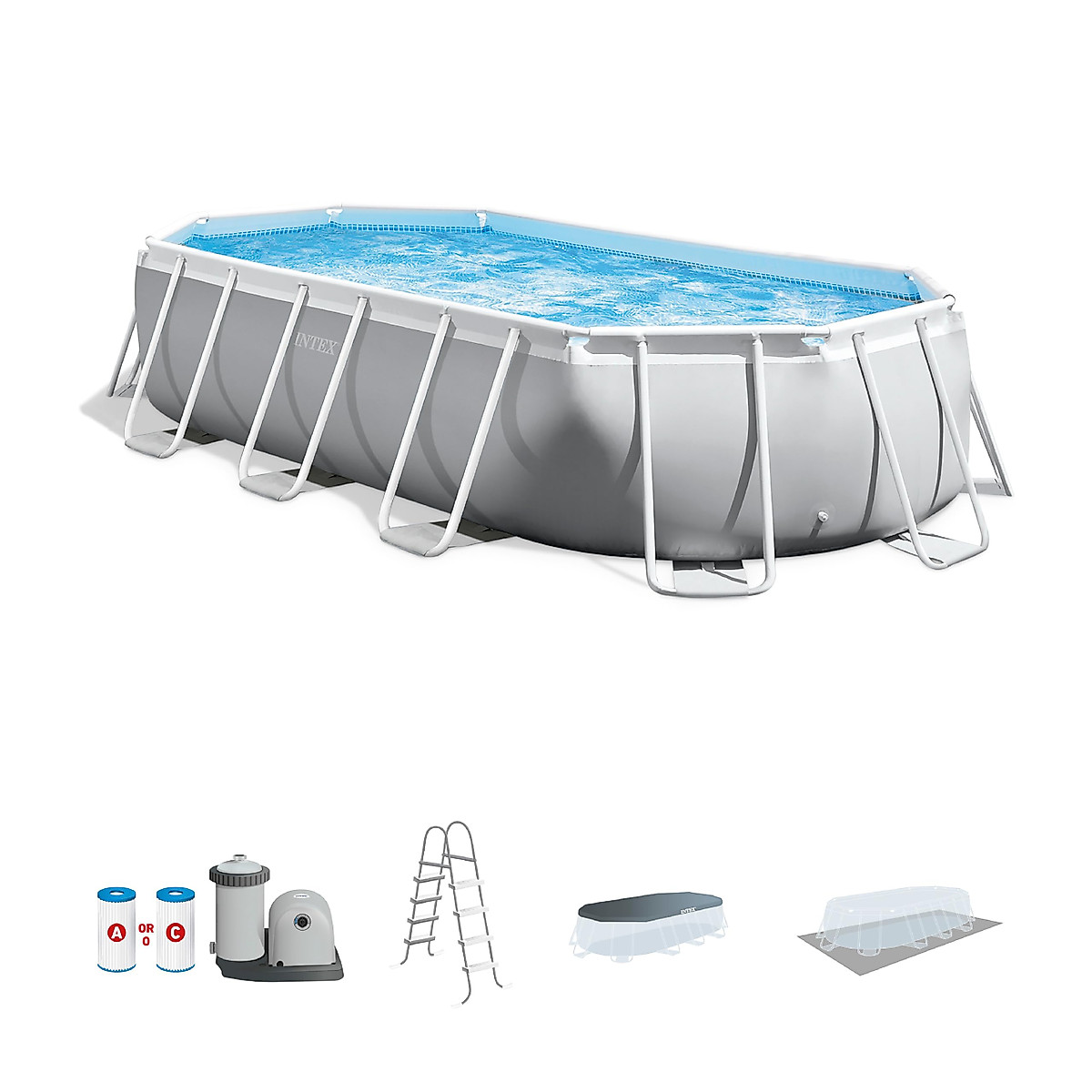 Intex 26795EH Prism Frame Premium Oval Above Ground Swimming Pool Set: 16.6ft x 9ft x 48in – Includes 1500 GPH Cartridge Filter Pump – Removable Ladder – Pool Cover – Ground Cloth