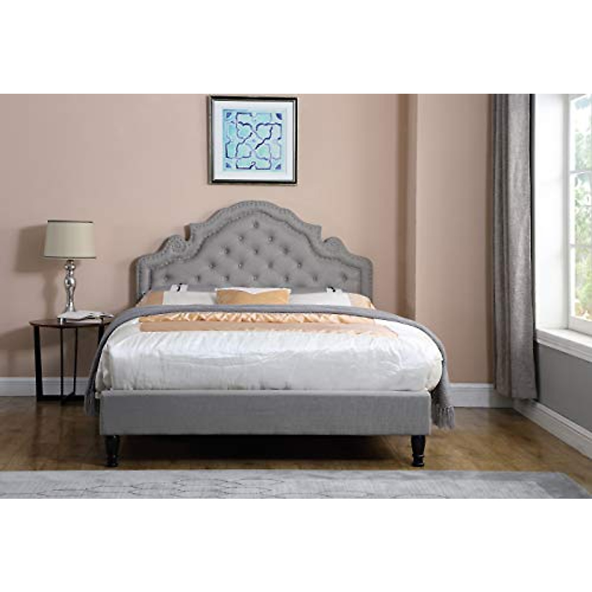 HomeLife Premiere Classics 51" Tall Platform Bed with Cloth Headboard and Slats - King (Light Grey Linen)