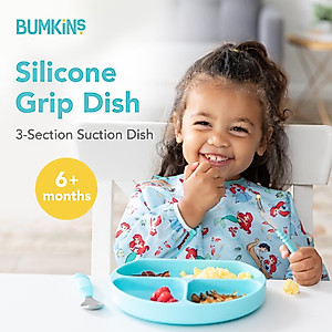 Bumkins Silicone Grip Dish, Suction Plate, Divided Plate, Baby Toddler Plate, BPA Free, Microwave Dishwasher Safe , Blue-GD, 1 Count