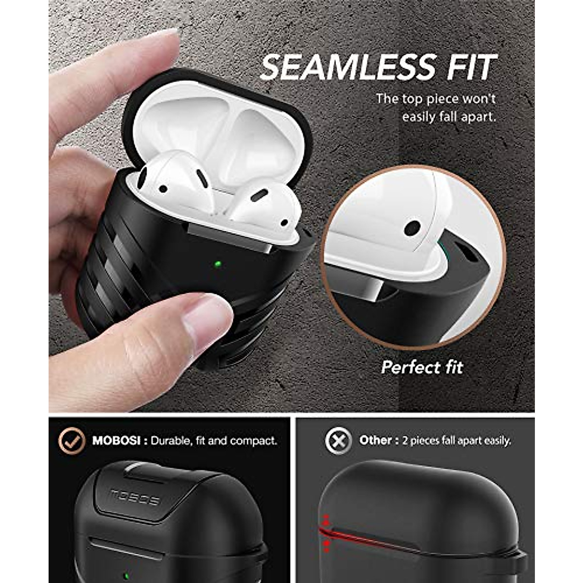 MOBOSI Military AirPods Case Cover Designed for AirPods 2 & 1, Full-Body Protective Vanguard Armor Series AirPod Case with Keychain for AirPods Wireless Charging Case, Black [Front LED Visible]