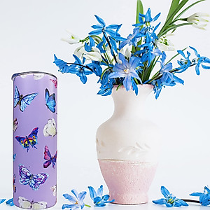 IchDich Butterfly Tumbler With Lid and Straw - 20 oz Insulated Purple Stainless Steel Skinny Tumbler Water Bottle Travel Mug Wine Cups Gifts for Women