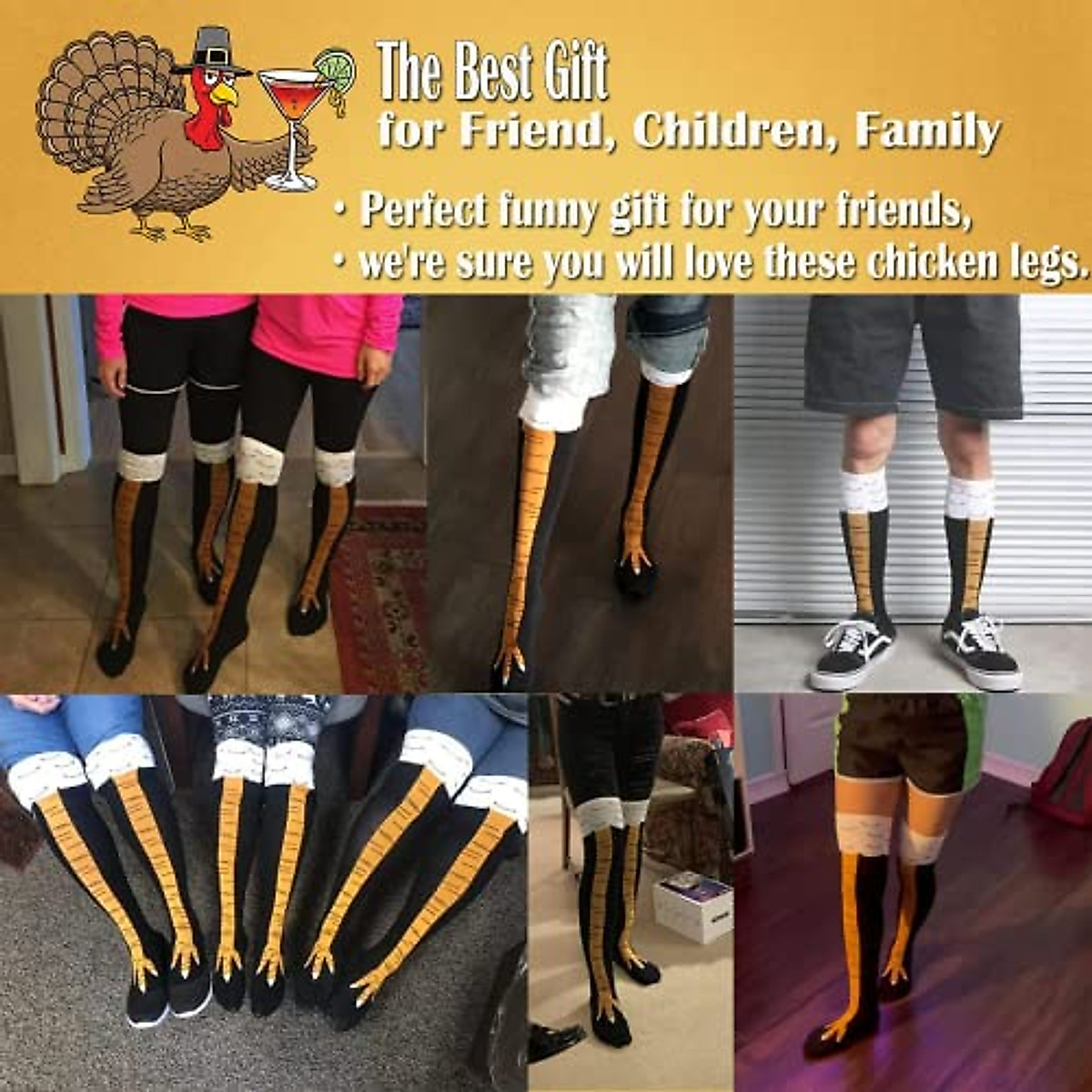 FITTEE Novelty Funny Crazy Chicken Feet Socks Knee-High Turkey Socks Funny Gifts (Yellow, Medium)
