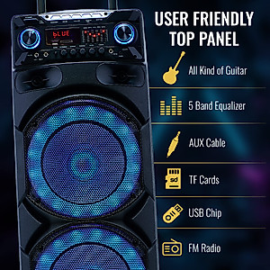 QAISE Portable PA System with Wireless Mic - Bluetooth Party Boombox Speaker & Karaoke Machine with Lights, Dual 10” Subwoofer, X-Bass & 8000 Watts Peak Power - SonicBoomer X-Dix
