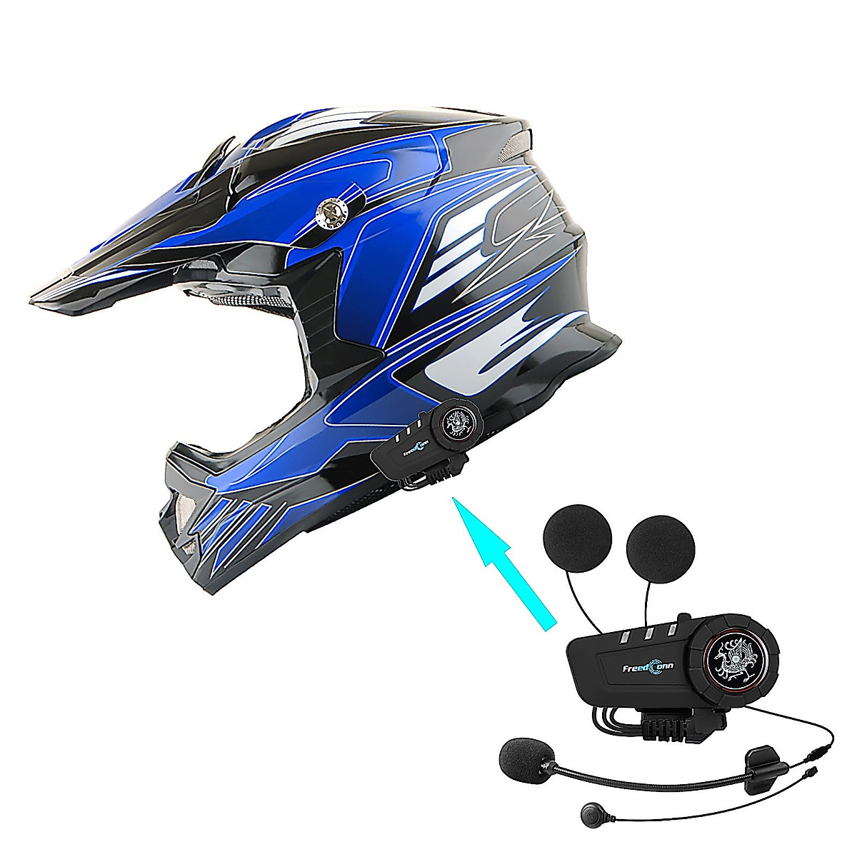 1Storm Adult Motocross Helmet BMX MX ATV Dirt Bike Downhill Mountain Bike Helmet Flying Style H819-5 + Motorcycle Bluetooth Headset: Flying Blue