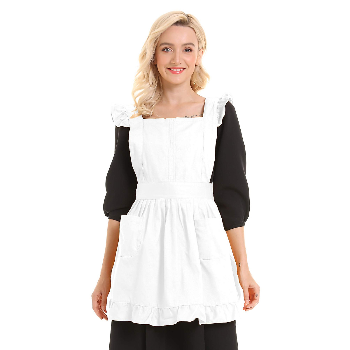 LilMents Retro Adjustable Ruffle Apron Kitchen Cooking Baking Cleaning Maid Costume (White)