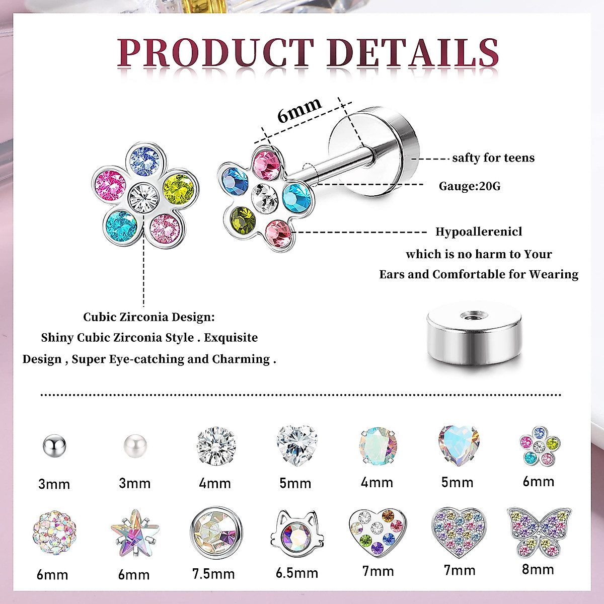 LOYALLOOK Hypoallergenic Screwback Earrings for Women Tiny CZ Pearl Ball Heart Flower Screw Back Earring Studs 316L Stainless Steel Stud Earrings Flatback Multicolored 20G Silver Tone Over 3 Years Old
