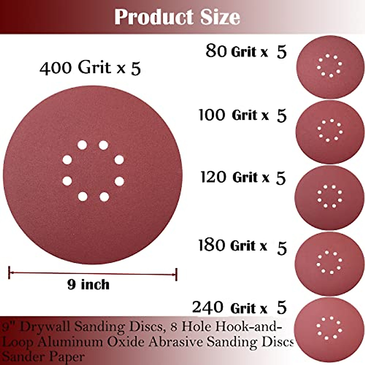 30 PCS 9 Inch 8 Hole Drywall Sanding Discs Set- 80 100 120 180 240 400 Grits, SACKORANGE 9" Hook-and-Loop Aluminum Oxide Abrasive Sander Discs Sander Paper for Power Drywall Sander