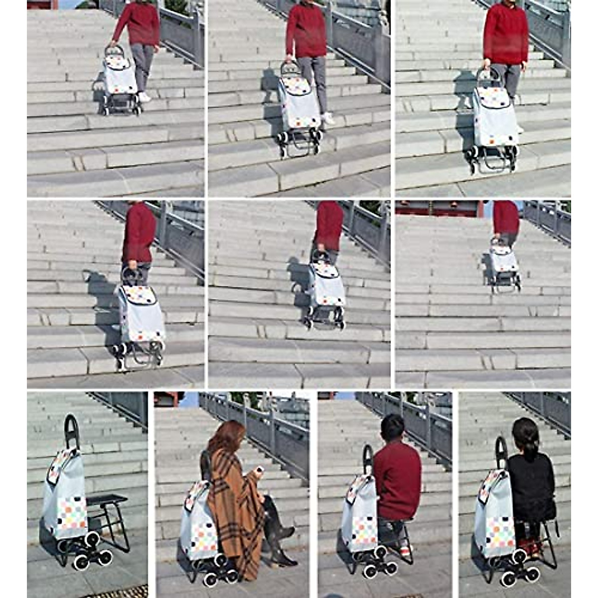 Shopping Trolley on Wheels Multi Function Shopping Cart Trolley Old Age Handcart Stair Climber with Hook Handle Seat Removable Waterproof Canvas Bag Storage Hand Trucks,Black,A ,Shopping Trol