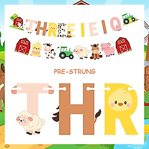 Sursurprise Farm 3rd Birthday Decorations, THREE I E I O Farm Animals Banner for Barnyard Farm Birthday Party Supplies