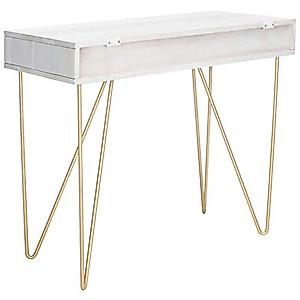 Safavieh Home Office Collection Raveena White Wash and Brass 1-Drawer Hairpin Leg Desk, 0