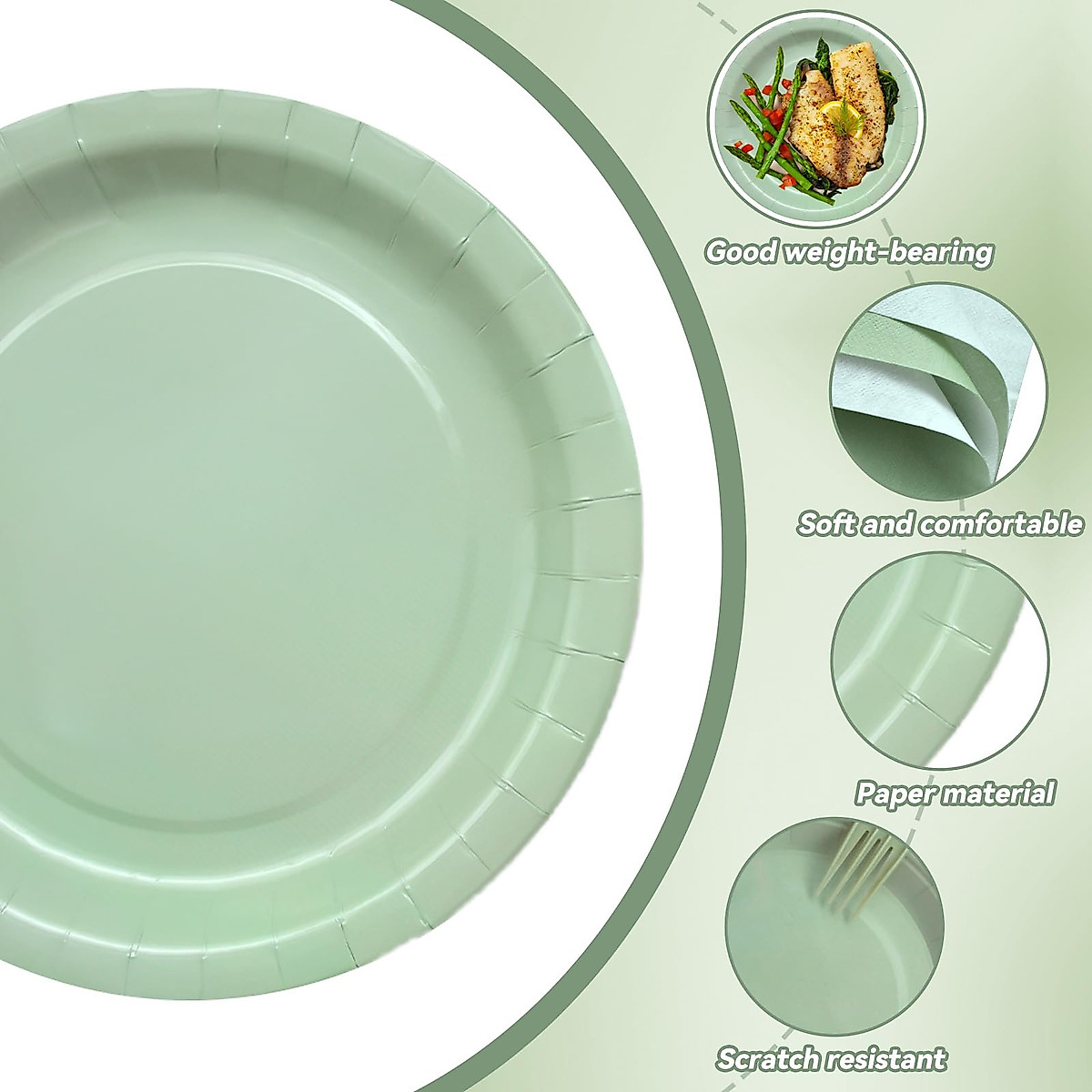 96 Pieces Sage Green Tableware Party Supplies - Elegant Light Green Disposable Dinnerware Set with Paper Plates, Napkins, and Forks for Birthdays, Weddings, Bridal Showers, Baby Showers - Serves 24