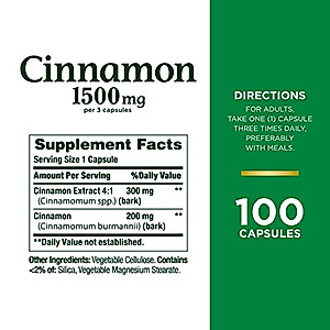 Nature's Bounty Cinnamon Herbal Supplement, Supports Sugar Metabolism, 1500mg Capsules, 100 Count