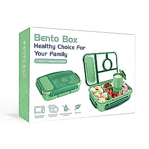 Amathley Bento box adult lunch box,lunch box kids,lunch containers for Adults/Kids/Toddler,5 Compartments bento Lunch box for kids with Sauce Vontainers,Microwave & Dishwasher & Freezer Safe, BPA Free(Green)