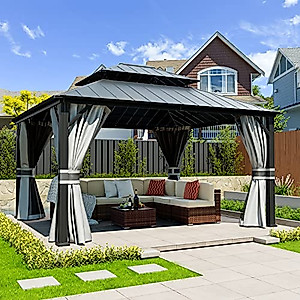 Amopatio 12' X 14' Hardtop Gazebo Permanent Aluminum Gazebos with Galvanized Steel Double Roof for Patio Lawn and Garden,Included Curtains & Mosquito Netting,Grey