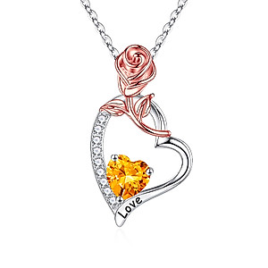 Iefil Birthstone Necklaces for Women - Anniversary Birthday Gifts for Women, Citrine Heart Necklace, November 925 Sterling Silver Rose Heart Birthstone Necklace for Women, Jewelry Gifts for Her Wife