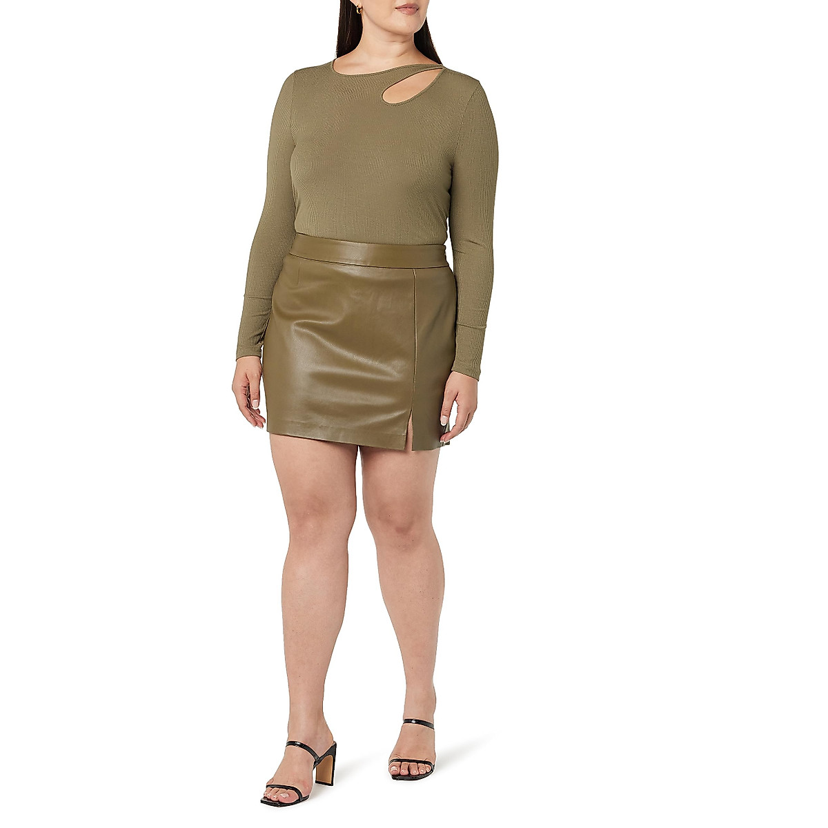 The Drop Women's Aiden Vegan Leather A-line Mini Skirt, Capers Olive, 3X, Plus Size