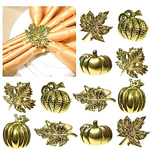 HADDIY Thanksgiving Napkin Rings,Fall Napkin Ring Set of 12 Vintage Gold Metal Leaf and Pumpkin Napkin Holder for Autumn Thanksgiving Dinner Table Settings Decoration
