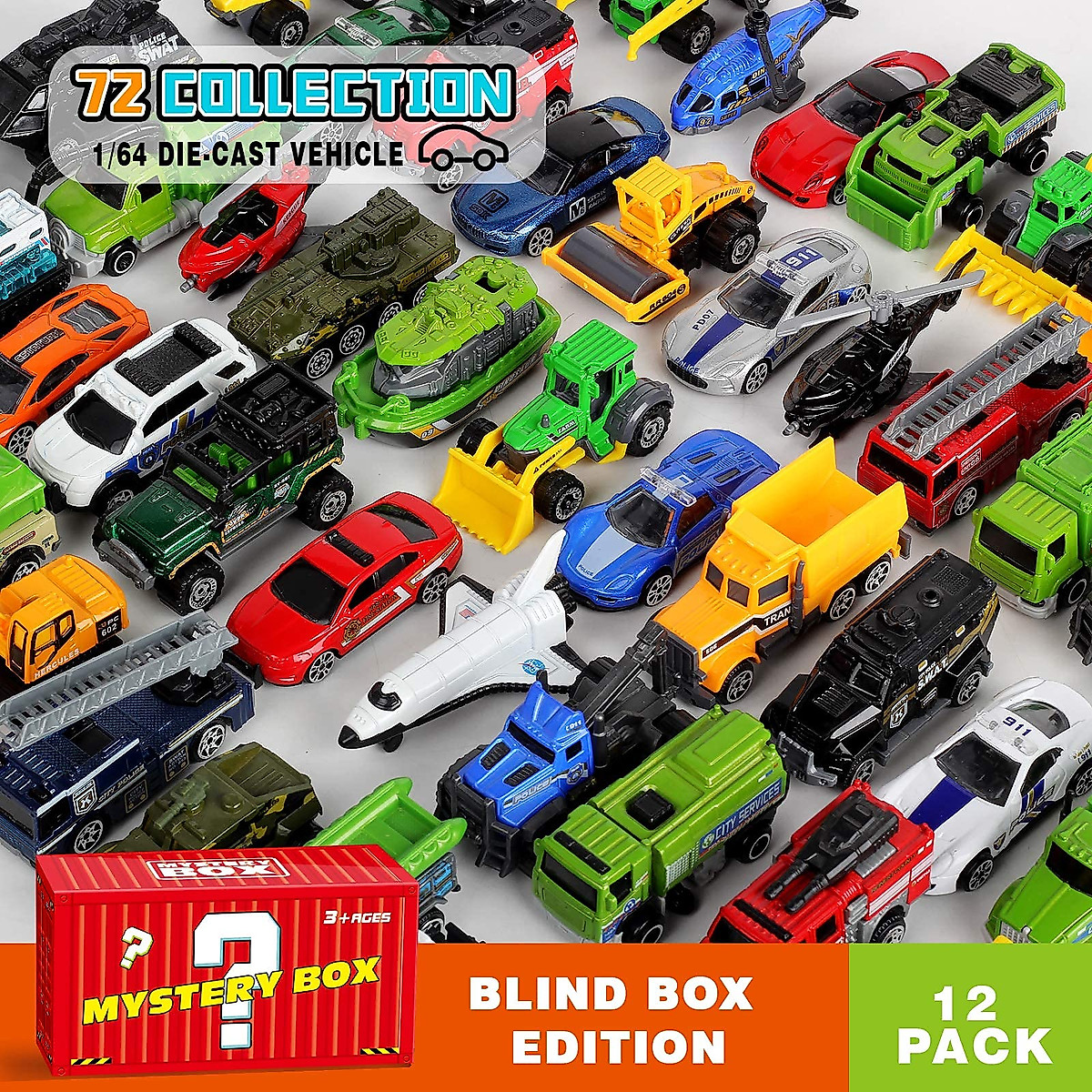 Oriate Diecast Toy Cars Set for 3 4 5 6 7 8 Year Old Boys, 12 Pack Mini Metal Cars 1/64, 12 Theme in one Set Blind Box Edition- Include Farm, Space Ship, Truck for Children Birthday Party Decor Gifts