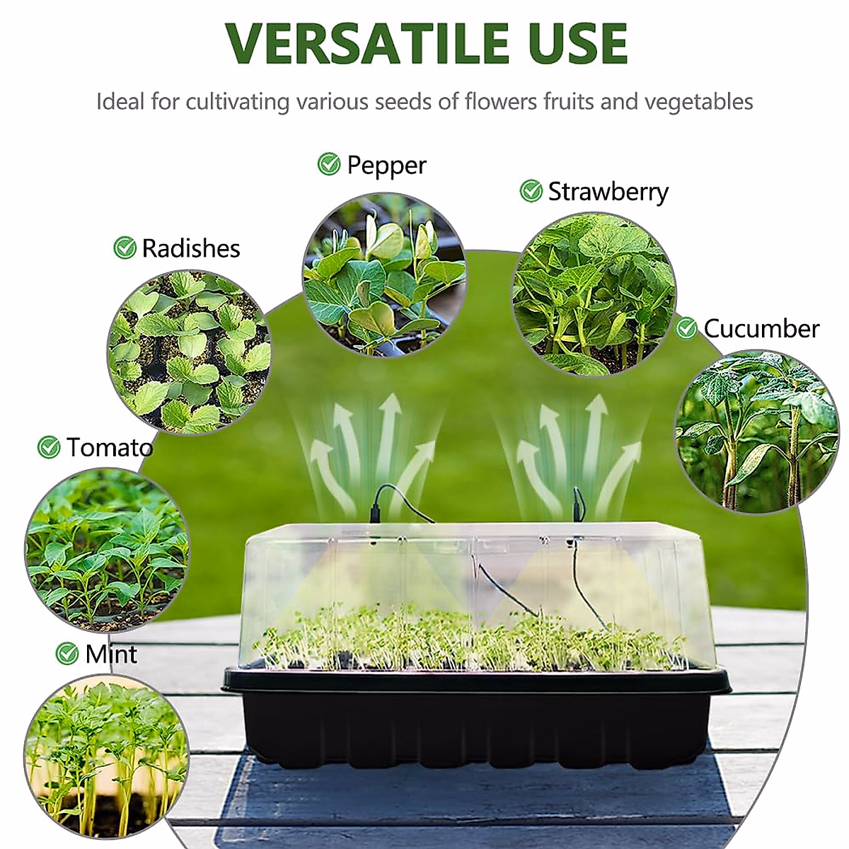 CANNABMALL 2 Packs Seed Starter Tray with Grow Light Samsung LM281B Diodes, Dimmable Seedling Starter Trays, 96 Cells Germination Trays Kit with Humidity Dome for Indoor Gardening Plant Black
