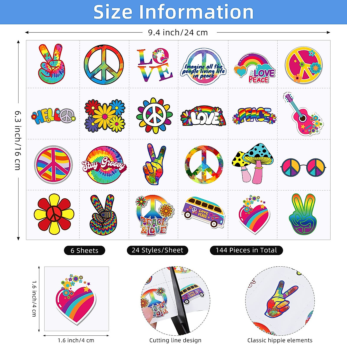 ADXCO 144 Pieces Hippie Tattoos Stickers Hippie Assorted Groovy Hippie Temporary Tattoos Waterproof Love and Peace Sign Hippie Tattoos Hippie Theme Party Tattoos for Hippie Party Favors