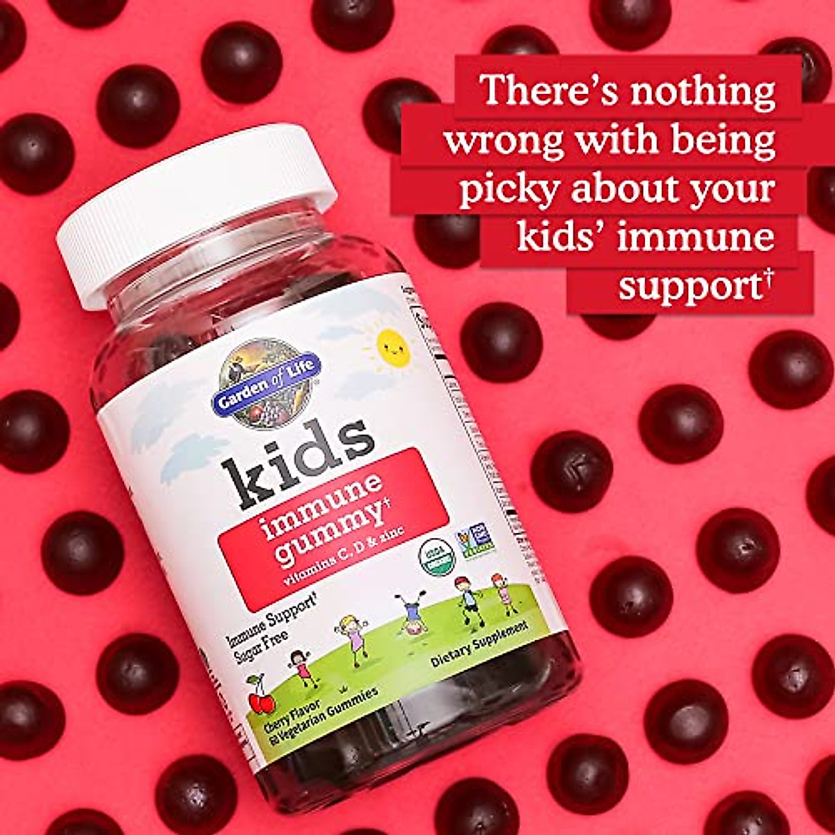 Garden of Life Kids Immune Support Gummies with Vitamin C, D as D3 & Zinc for 3-in-1 Daily Children’s Immunity – Organic, Non-GMO, Gluten-Free, Vegetarian, Sugar Free, Cherry Flavor, 30 Day Supply