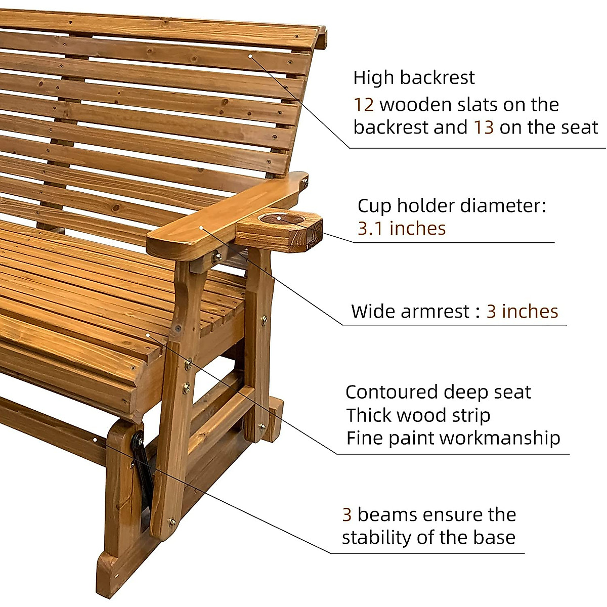 Fortune Candy Patio Glider with Cup Holders, High Roll Back and Deep Contoured Seat, 2-Seater, Heavy Duty 800 Lb, 4 Feet (Brown 4 Ft)