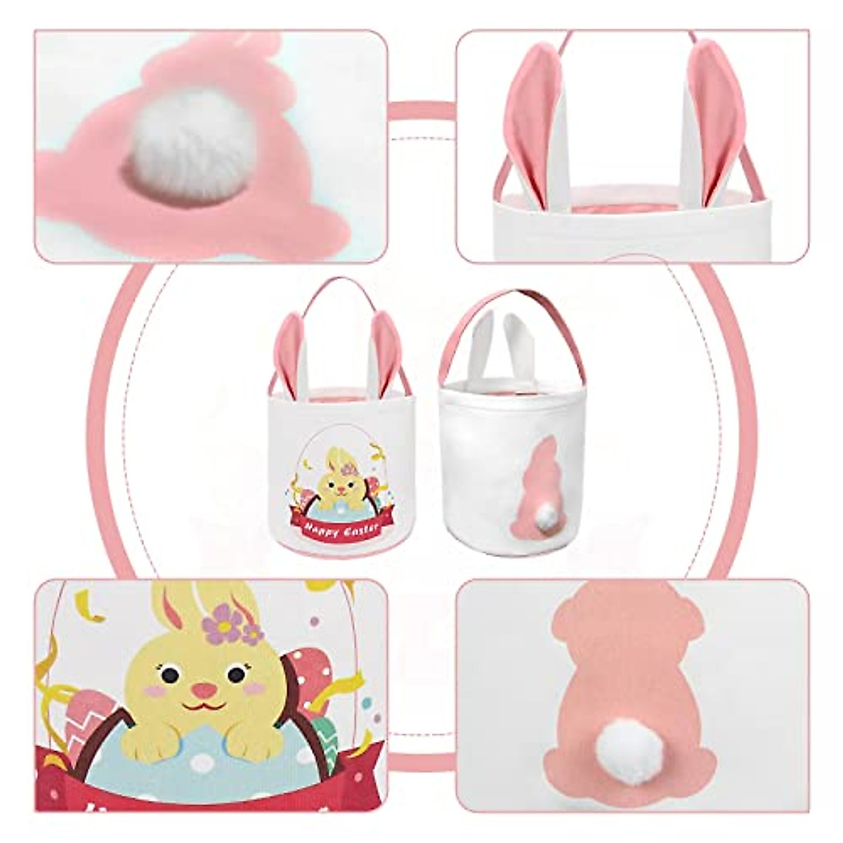 Asbtos 3 Pack Easter Basket, Bunny Baskets for Kids with Cute Rabbit Ears Stripe Storage Gifts Candies, Blue, Pink, Purple(9 x 9 x 14 inches)