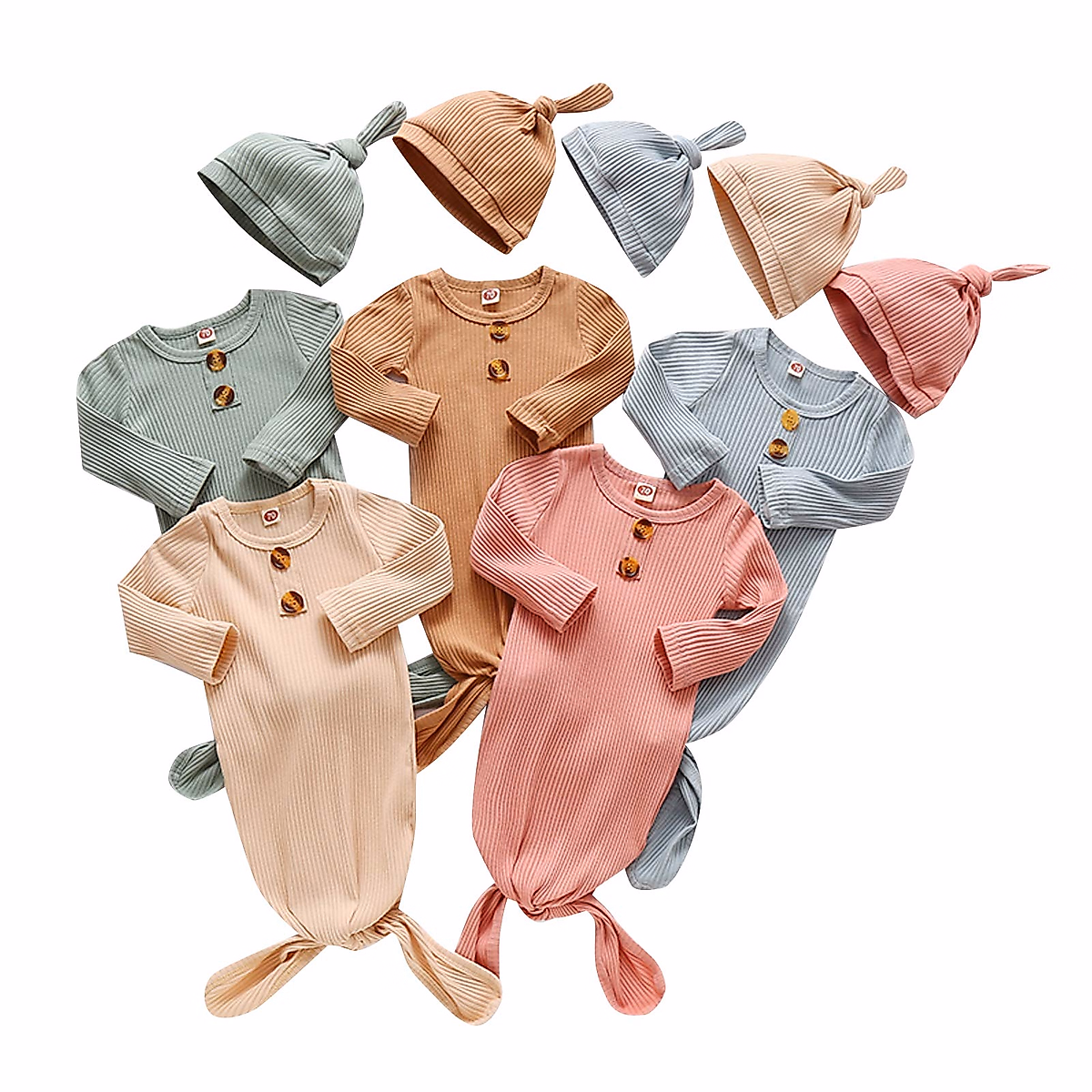 BASKOPA Baby Knotted Sleeper Gown Unisex Boys Girls Sleepsuits with Mitten Cuffs and Matching Hat Baby Coming Home Outfit Green