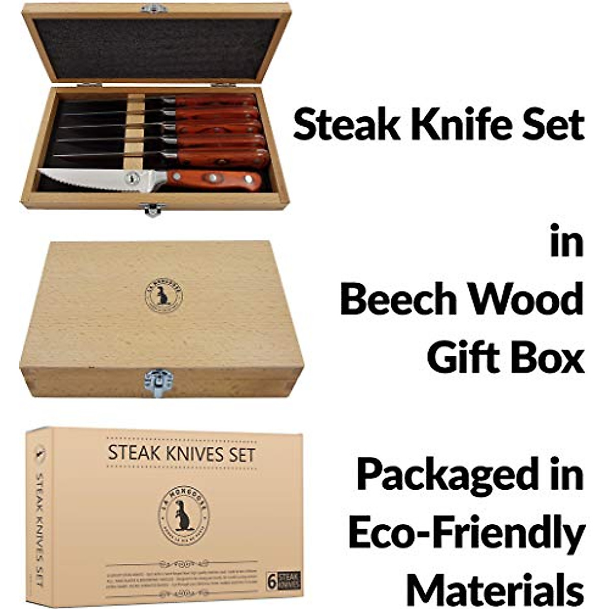 Steak Knife Set in Gift Box 6 Full Tang High Carbon Stainless Steel Micro Serrated Knives Classic Dark Brown Ergonomic Pakkawood Handles Luxury Beech Wood Case Premium Deluxe Birthday Gift Idea