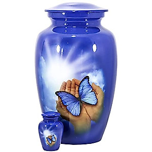 THE ASCENT MEMORIAL Urn for Human Ashes Adult Male Female | Butterfly Printed Large Funeral Urn | Complimentary Small Keepsake Vial | 2 Velvet Carry Bags for Urns and Keepsakes