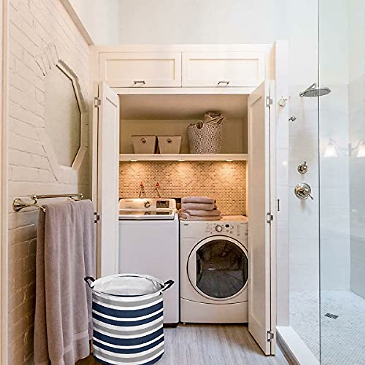 Laundry Basket Striped,Waterproof Collapsible Clothes Hamper Navy Blue Gray and White Stripe,Large Storage Bag for Bedroom Bathroom 16.5x17In