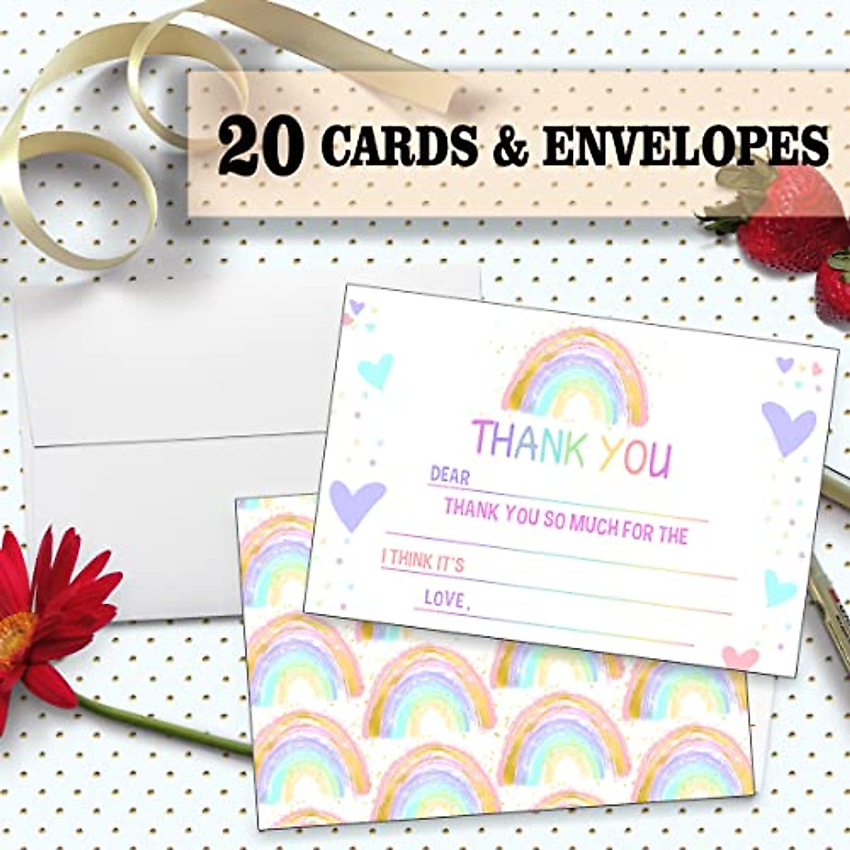 Nopoben Birthday Thank You Cards, Fill in the Blank Thank You Cards for Rainbow Theme Birthday Party Supplies, Decorations, 20 Cards With 20 Envelopes – (SRGXK004)