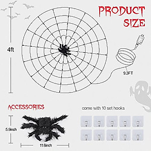 mimigogo Halloween Spider Web Net Lights, 30V Plug in Spider Wed Light, 3.9FT Diameter 96Led Red Light with One Black Spider, for Window Wall Garden Patio Yard Indoor&Outdoor Decor(Red)